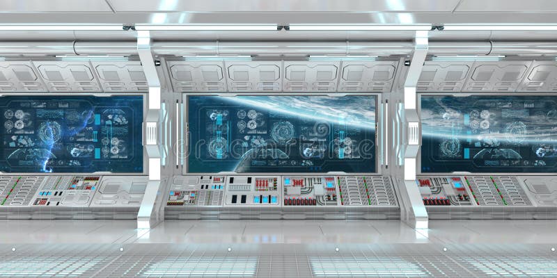 White Spaceship Interior with Control Panel Digital Screens 3D R Stock ...