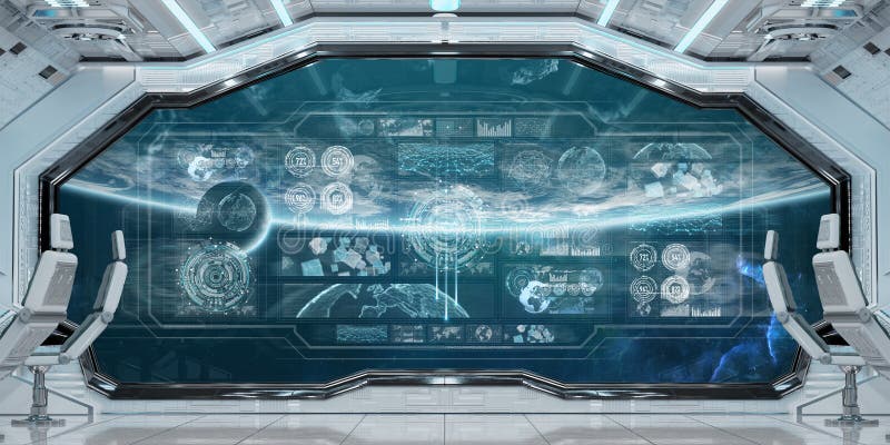 White Spaceship Interior with Control Panel Digital Screens 3D R Stock ...