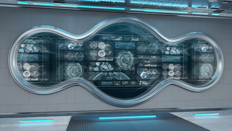 White Spaceship Interior with Control Panel Digital Screens 3D ...