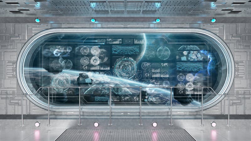 White Spaceship Interior with Control Panel Digital Screens 3D ...
