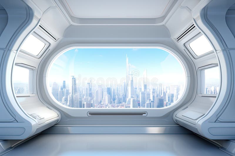 White Spaceship Interior with Window and City View. 3D Rendering, White ...