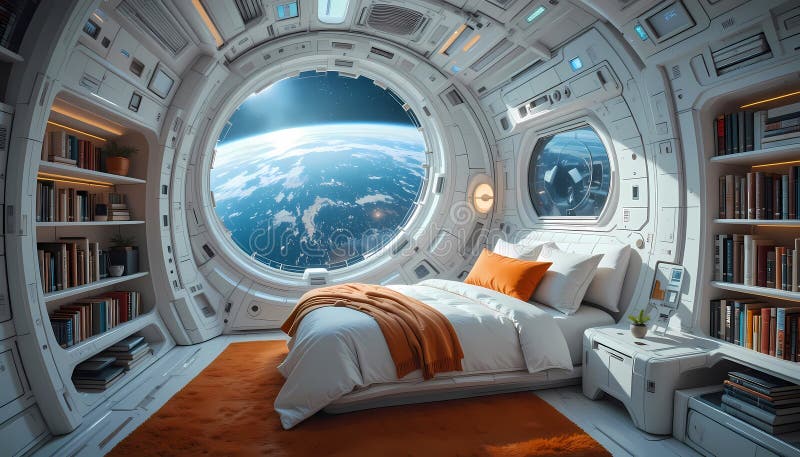 White Spaceship Interior with Window View on the Earth. 3d Rendering ...