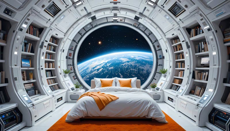 White Spaceship Interior with Window View on the Earth. 3d Rendering ...