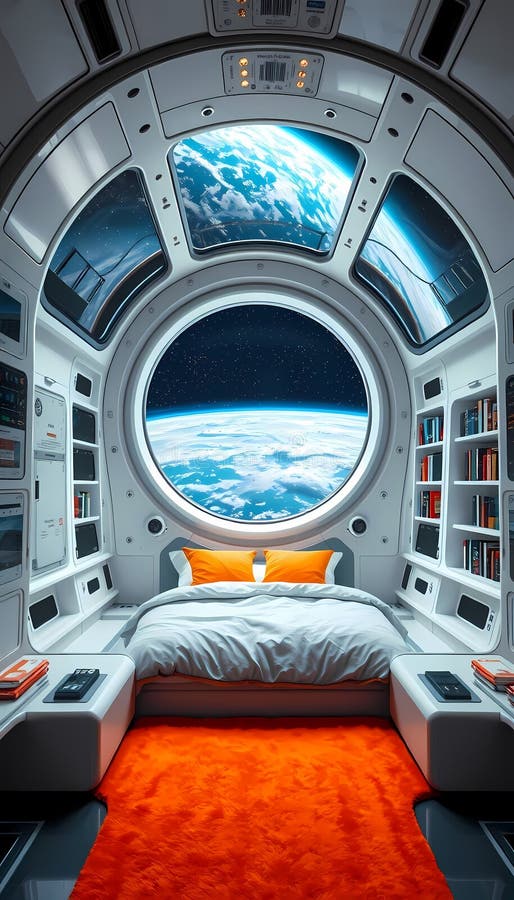 White Spaceship Interior with Window View on the Earth. 3d Rendering ...