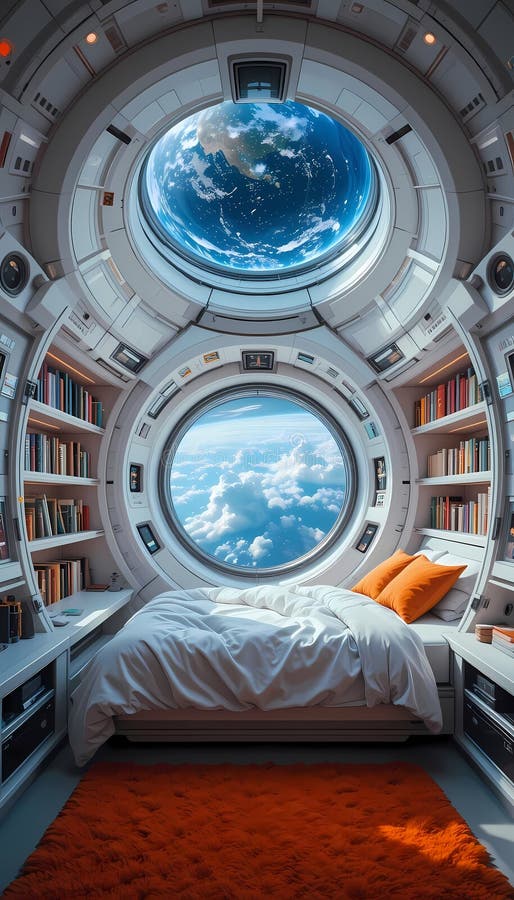White Spaceship Interior with Window View on the Earth. 3d Rendering ...