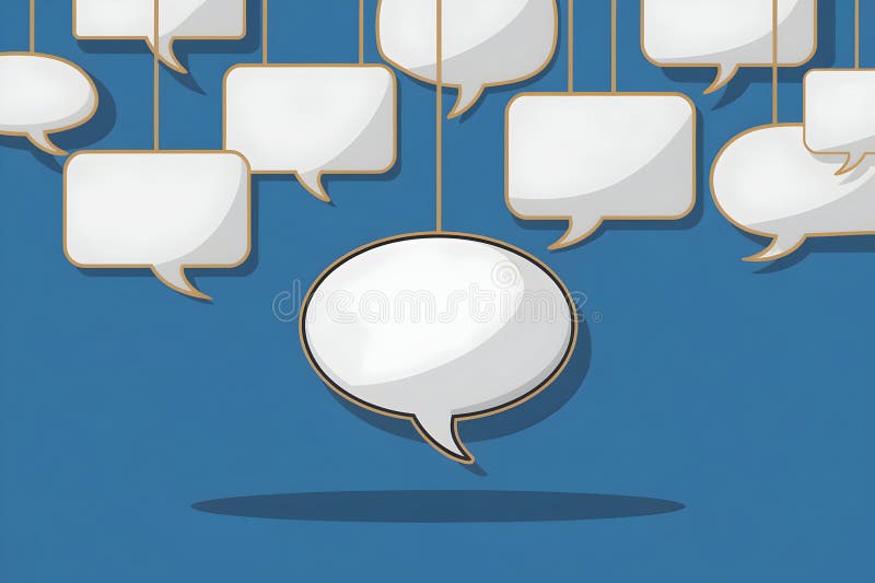 White Speech Bubbles Hang Against Blue, Symbolizing Communication Stock ...