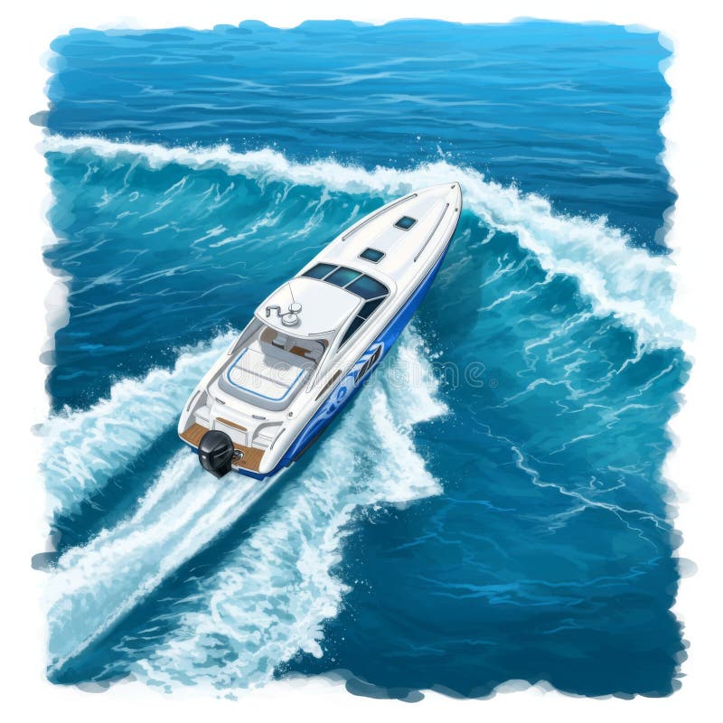 White Speedboat on Blue Ocean Waves Stock Illustration - Illustration ...