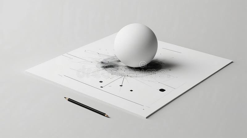 A White Sphere Sits Atop a Sheet of Paper with a Pencil Drawing Stock ...