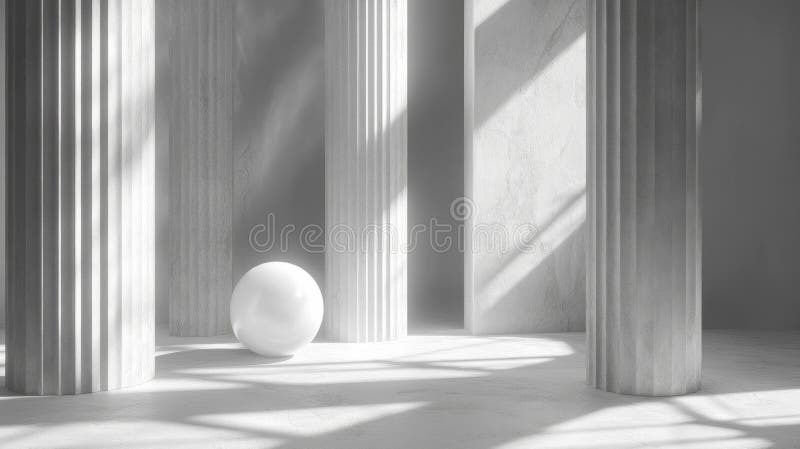 White Sphere in a Sunlit Classical Hall with Stone Columns Stock ...