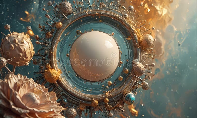 White Sphere is Surrounded by Circular Frame Gold and Silver Spheres ...