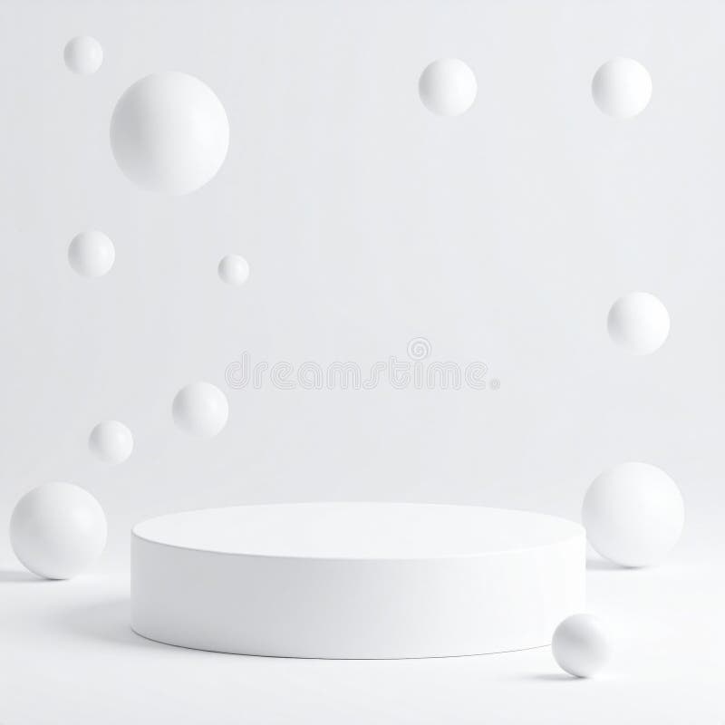 White Spheres and Cylindrical Platform on White Background Stock ...