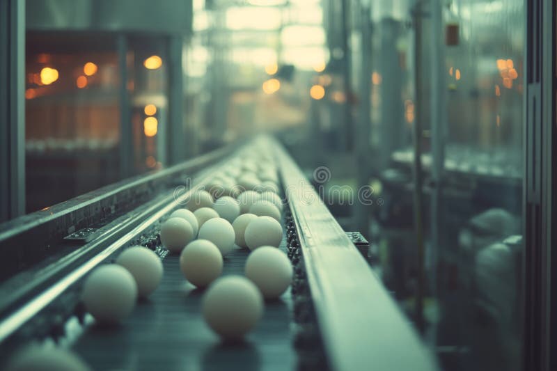White Spheres Moving on a Conveyor in a Modern Factory Setting Stock ...