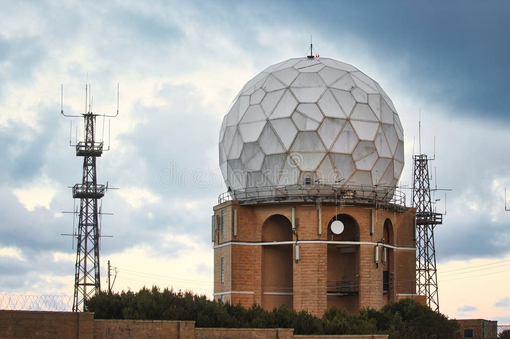 A White Spherical Aviation Radar Mounted on the Top of a Tower Stock ...