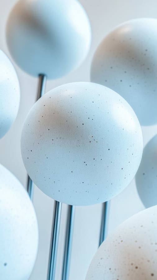White Spherical Objects with Speckled Texture are Suspended on Metallic ...