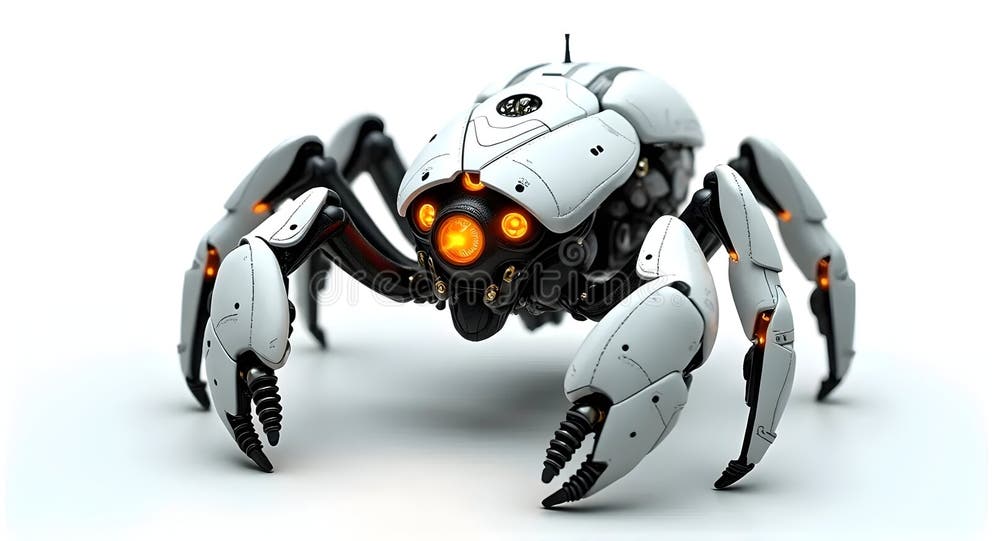 White Spider Bot with Orange Core and Minimal Background - Generative ...
