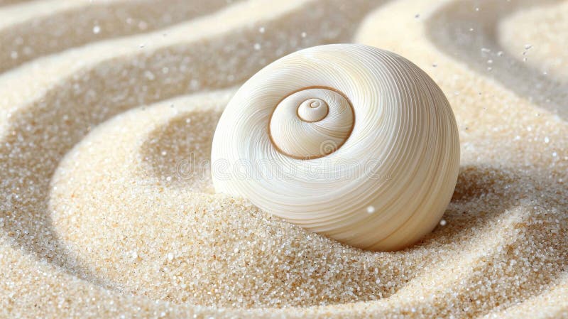 A White Spiral Shell Rests on a Bed of Light Beige Sand. Stock Photo ...