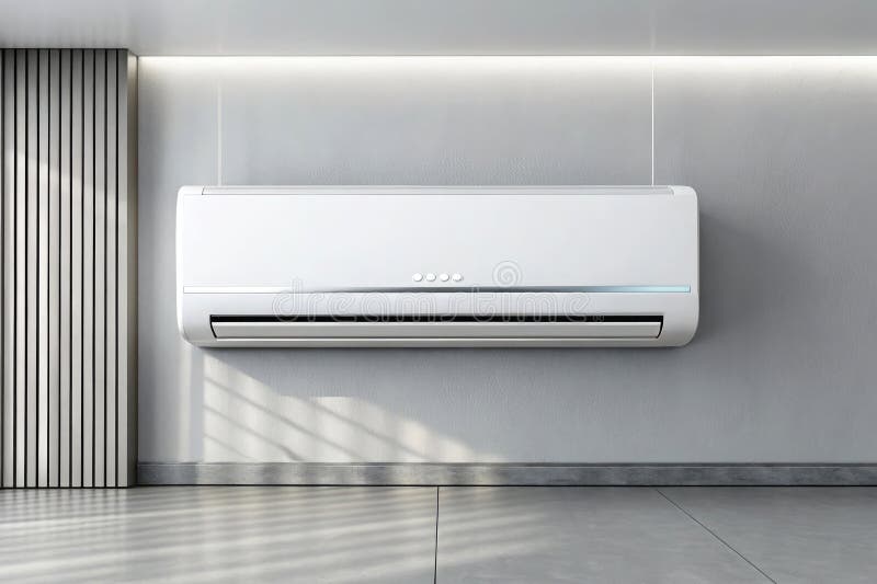 White Split Air Conditioner Unit on Gray Wall with Ambient Lighting in ...