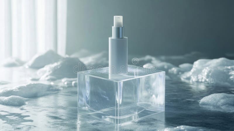White Spray Bottle on Ice Cube Against Gray Backdrop Cosmetic Elegance ...