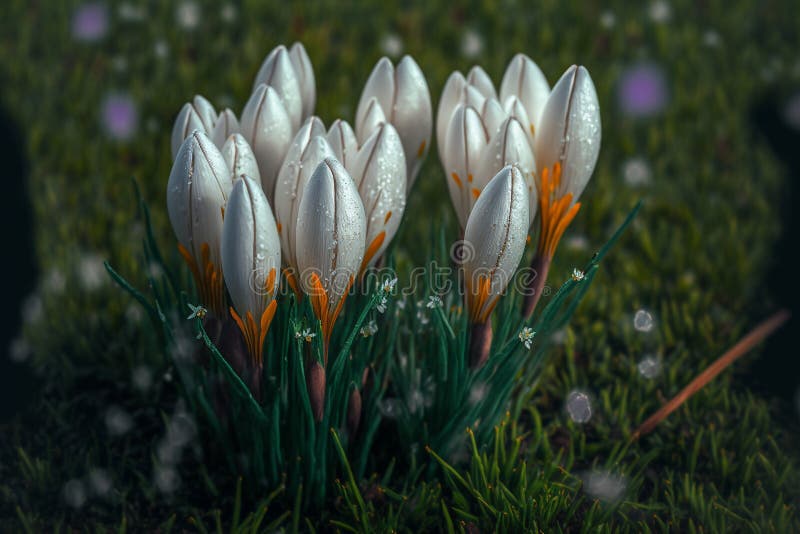 White Sprouting Crocus Flowers Covered in Water Droplets in Spring ...
