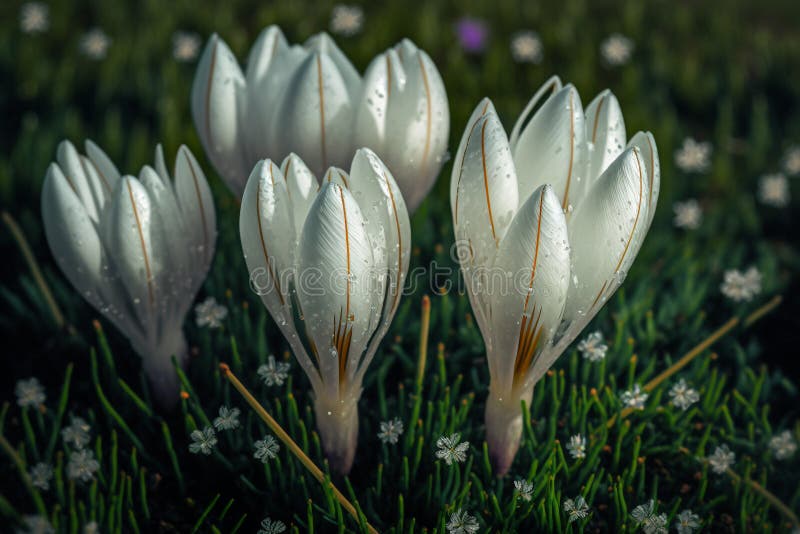 White Sprouting Crocus Flowers Covered in Water Droplets in Spring ...