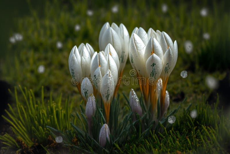 White Sprouting Crocus Flowers Covered in Water Droplets in Spring ...