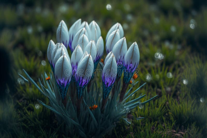 White Sprouting Crocus Flowers Covered in Water Droplets in Spring ...