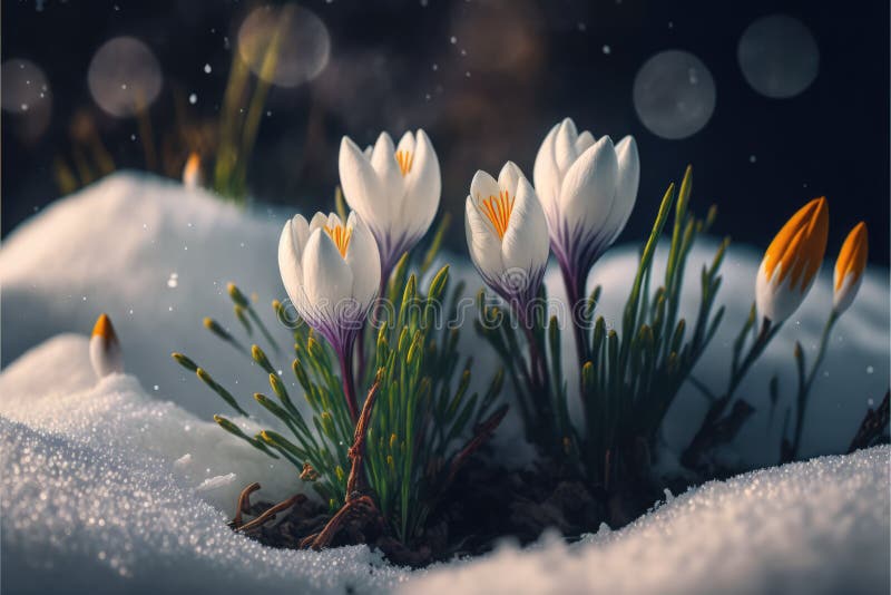White Sprouting Crocus Flowers Growing from the Snow in Spring ...