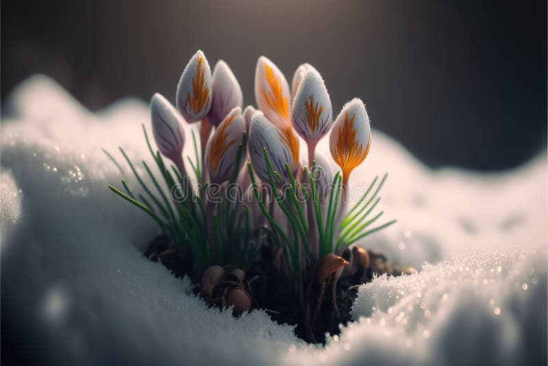 White Sprouting Crocus Flowers Growing from the Snow in Spring ...