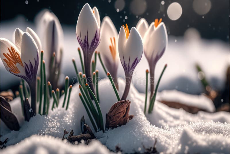 White Sprouting Crocus Flowers Growing from the Snow in Spring ...
