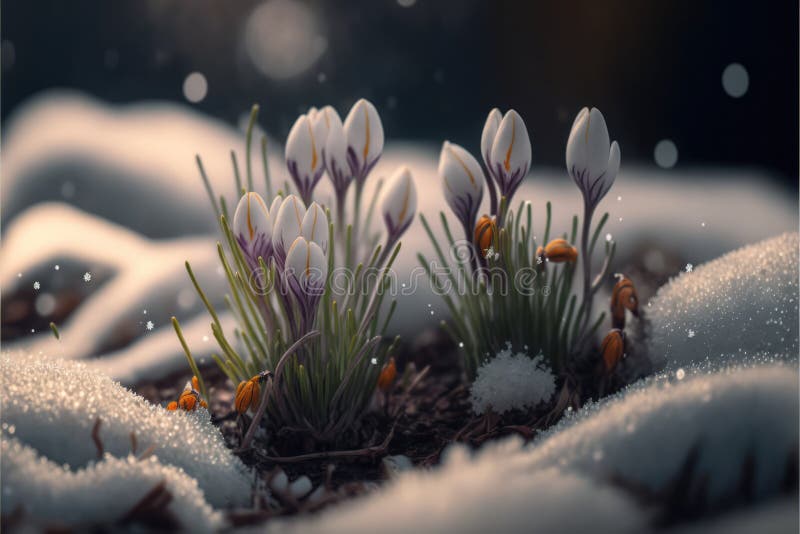White Sprouting Crocus Flowers Growing from the Snow in Spring ...