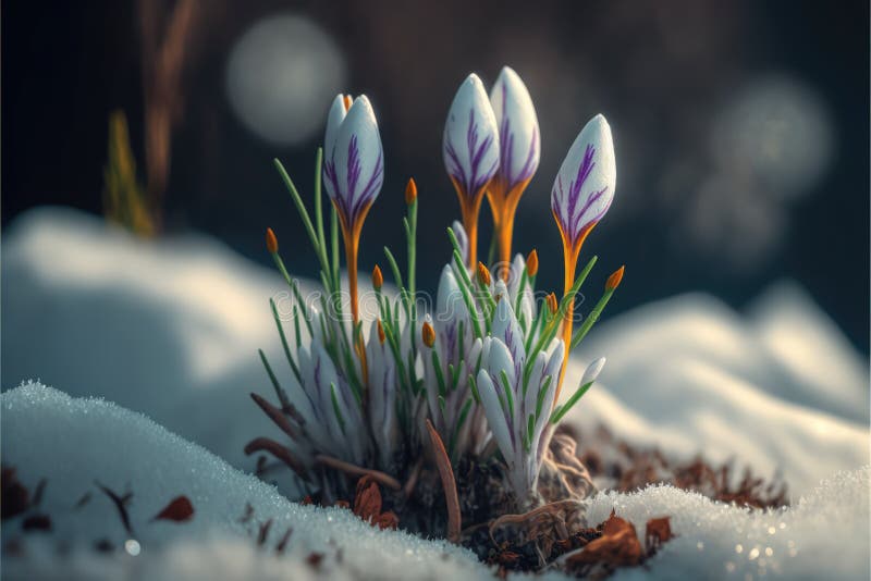 White Sprouting Crocus Flowers Growing from the Snow in Spring ...