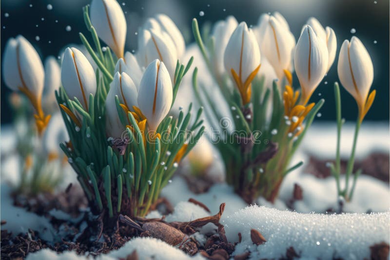 White Sprouting Crocus Flowers Growing from the Snow in Spring ...