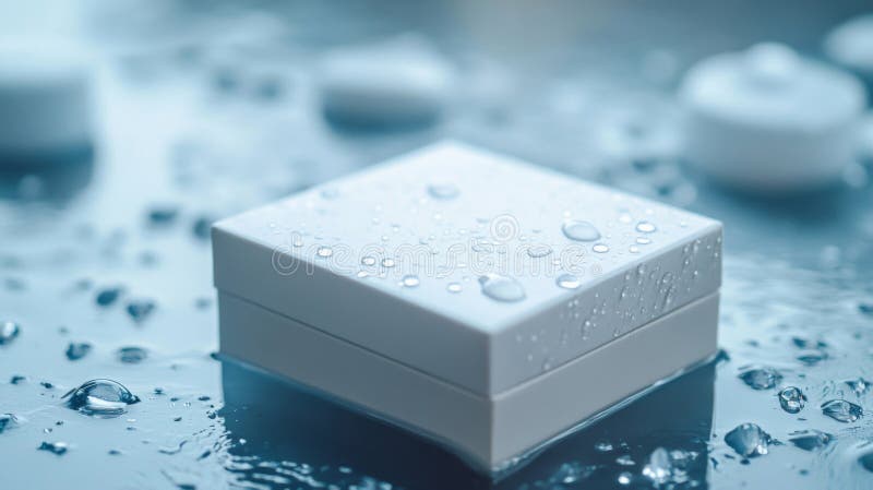 White Square Box with Water Droplets on a Reflective Surface with ...