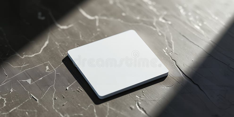 A White Square Coaster Sitting on a Gray Marble Surface with Light and ...