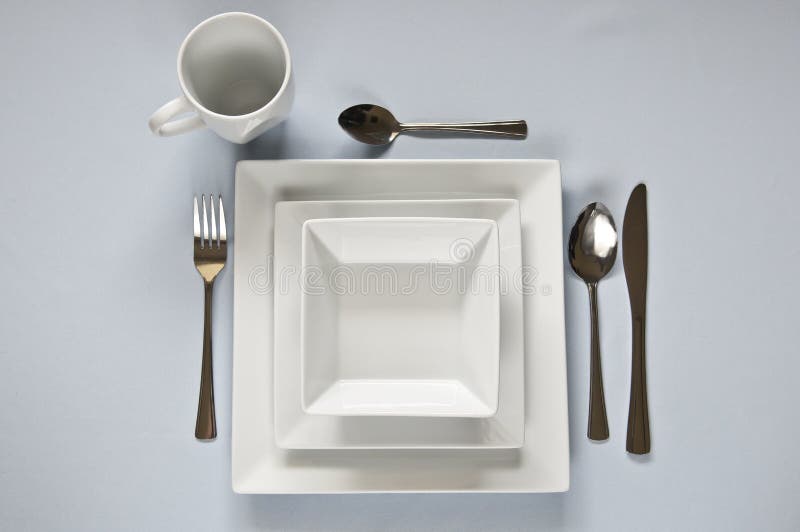 White, Square Dinner Set with Cutlery. Stock Image - Image of bread ...