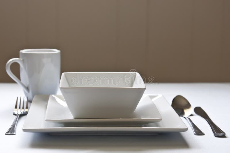 White, Square Dinner Set with Cutlery. Stock Photo - Image of square ...