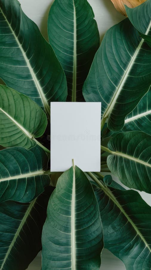A White Square on a Green Leaf Surrounded by Large Leaves, AI Stock ...