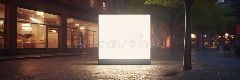 White Square Light Box Mounted on a Brick Wall Near a Sidewalk, Glowing ...