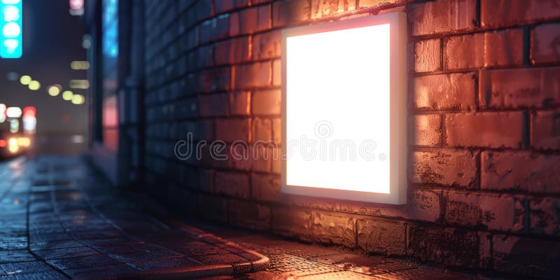White Square Light Box Mounted on a Brick Wall Near a Sidewalk, Glowing ...