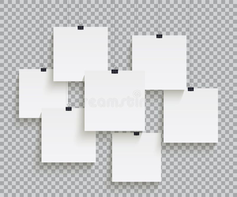 White Square Paper Sheets Hanging on Paper Clips Isolated on ...