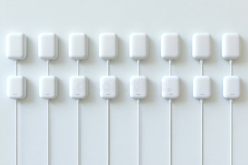 White Square Power Adapters Mounted on a White Wall Symbolizing Clean ...