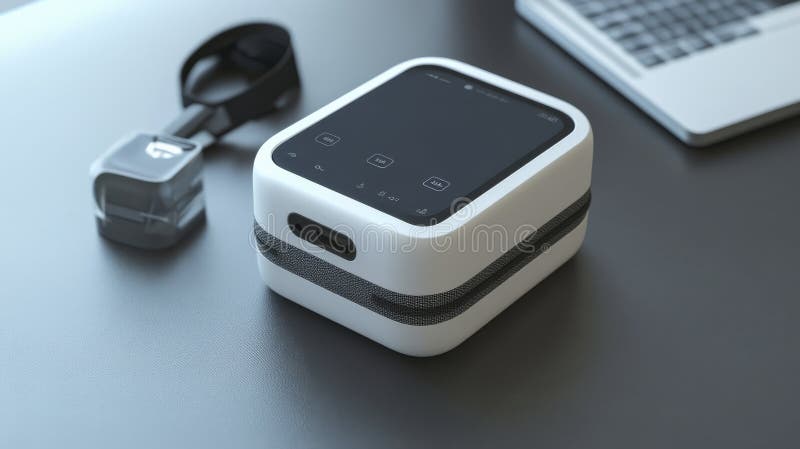 White Square Tech Device with Headset on Dark Gray Desk Stock ...