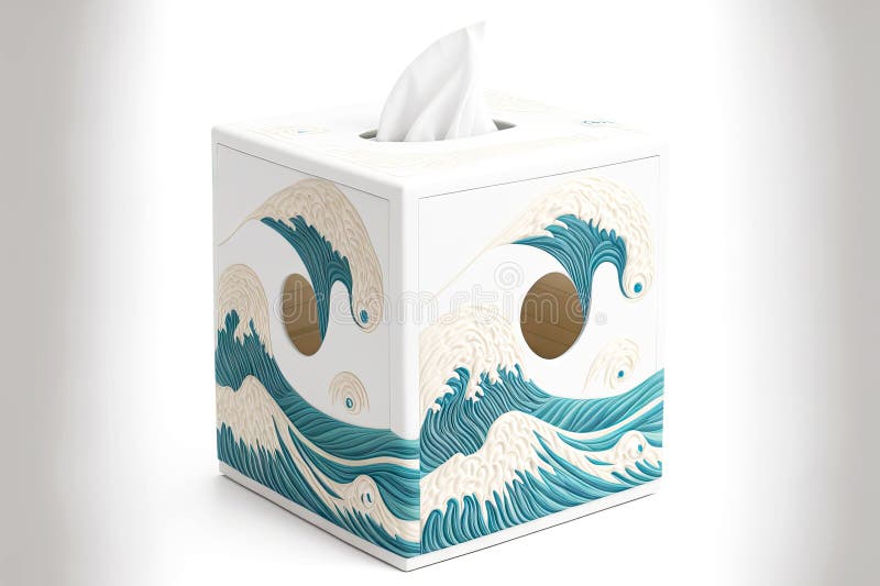 White Square Tissue Box with Pattern in Form of Impression of Sea ...