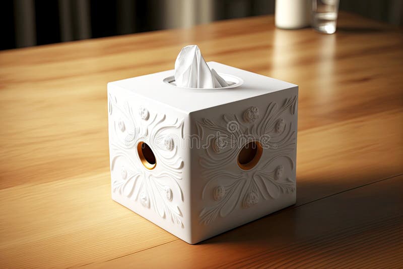 White Square Tissue Box with Wood Pattern on Wooden Table Stock ...