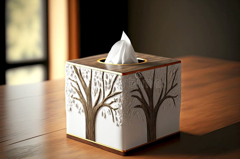 White Square Tissue Box with Wood Pattern on Wooden Table Stock ...
