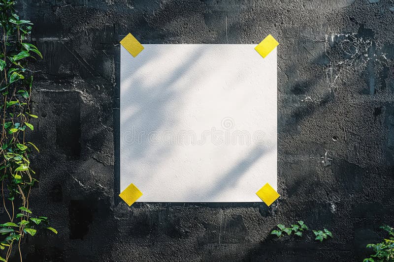 White Square with Yellow Tape on it is on a Black Wall Stock Photo ...