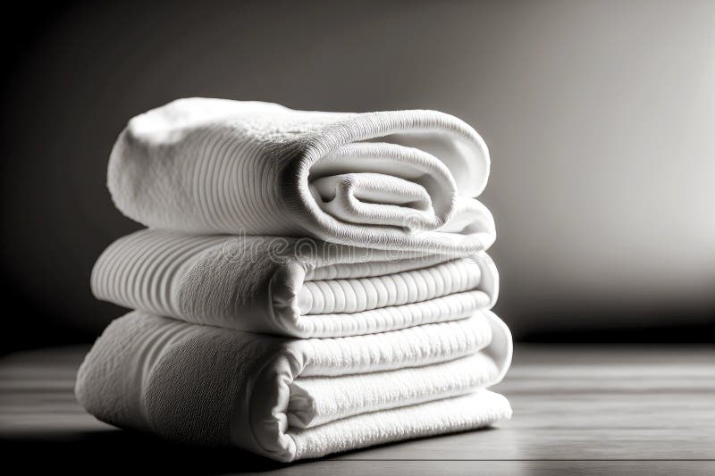 White Stack White Clean Bath Towels Neatly Folded on Table Stock ...