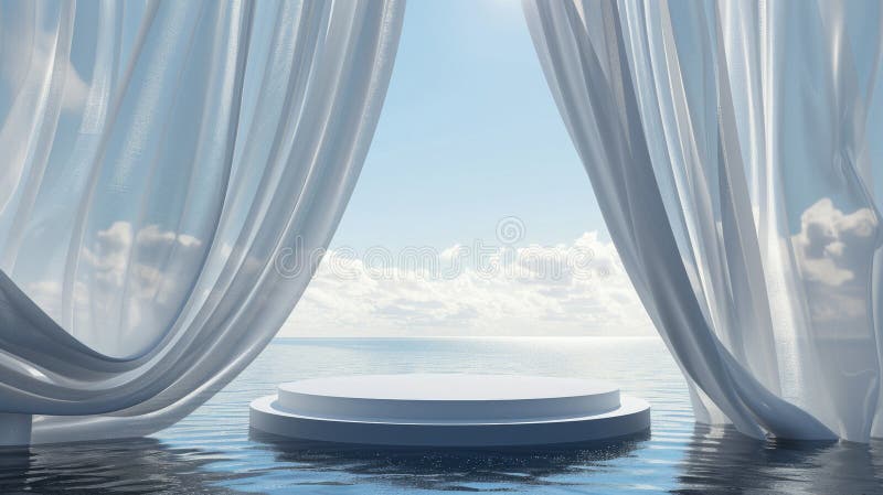 White Stage with Curtain in Ocean Background Stock Photo - Image of ...