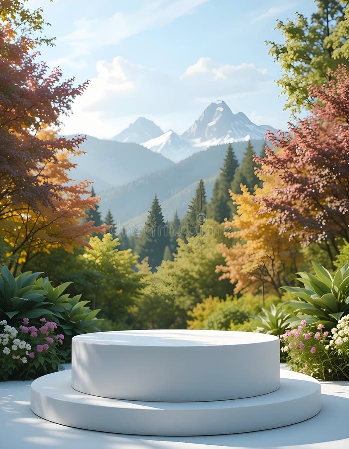 A White Stage Empty Podium Surrounded by Lush Greenery Display Nature ...
