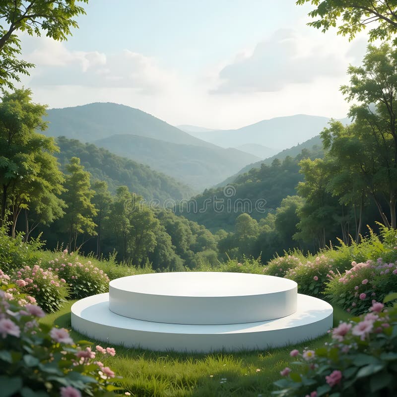 A White Stage Empty Podium Surrounded by Lush Greenery Display Nature ...